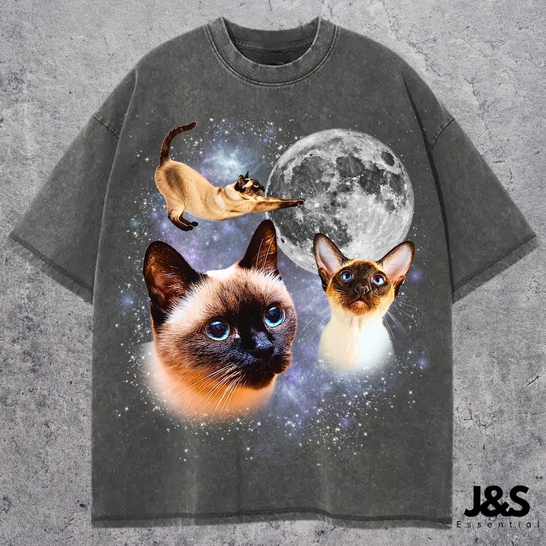 Three Siamese Cat Moon Shirt, Blue Eyed Kitty Lover Tee, Vintage Wash ...