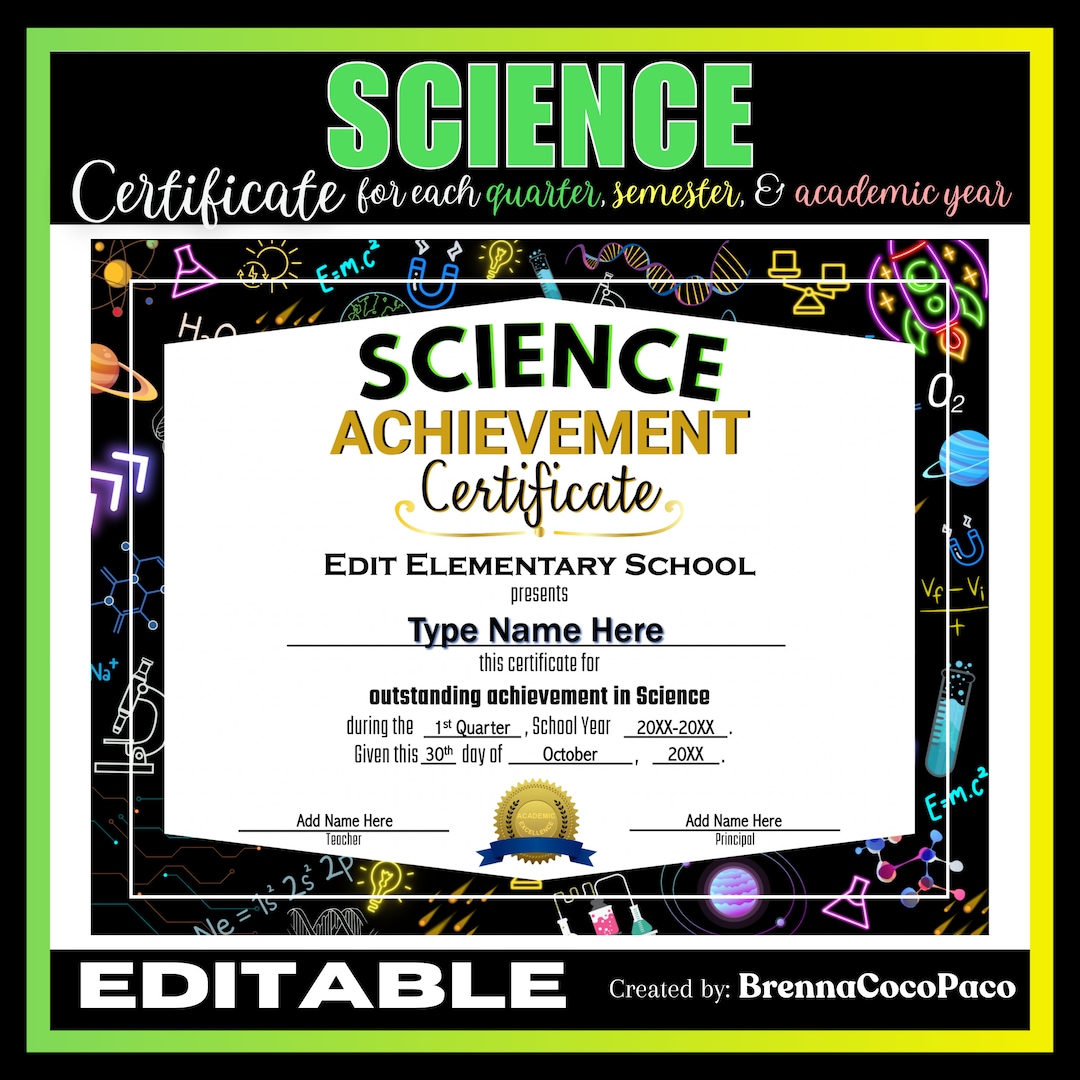 New Editable Science Achievement Certificate | Math Certificate ...
