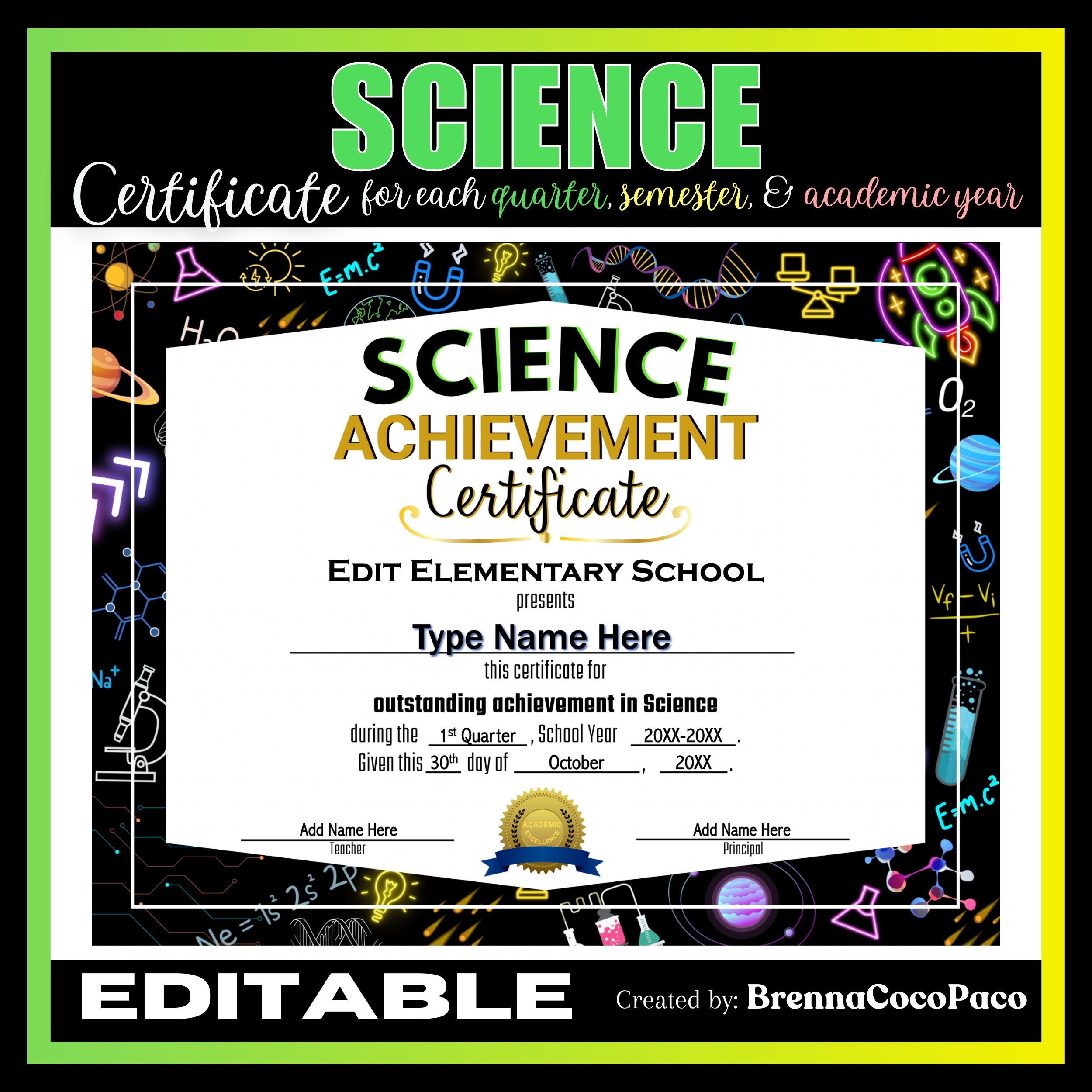 New Editable Science Achievement Certificate | Math Certificate ...