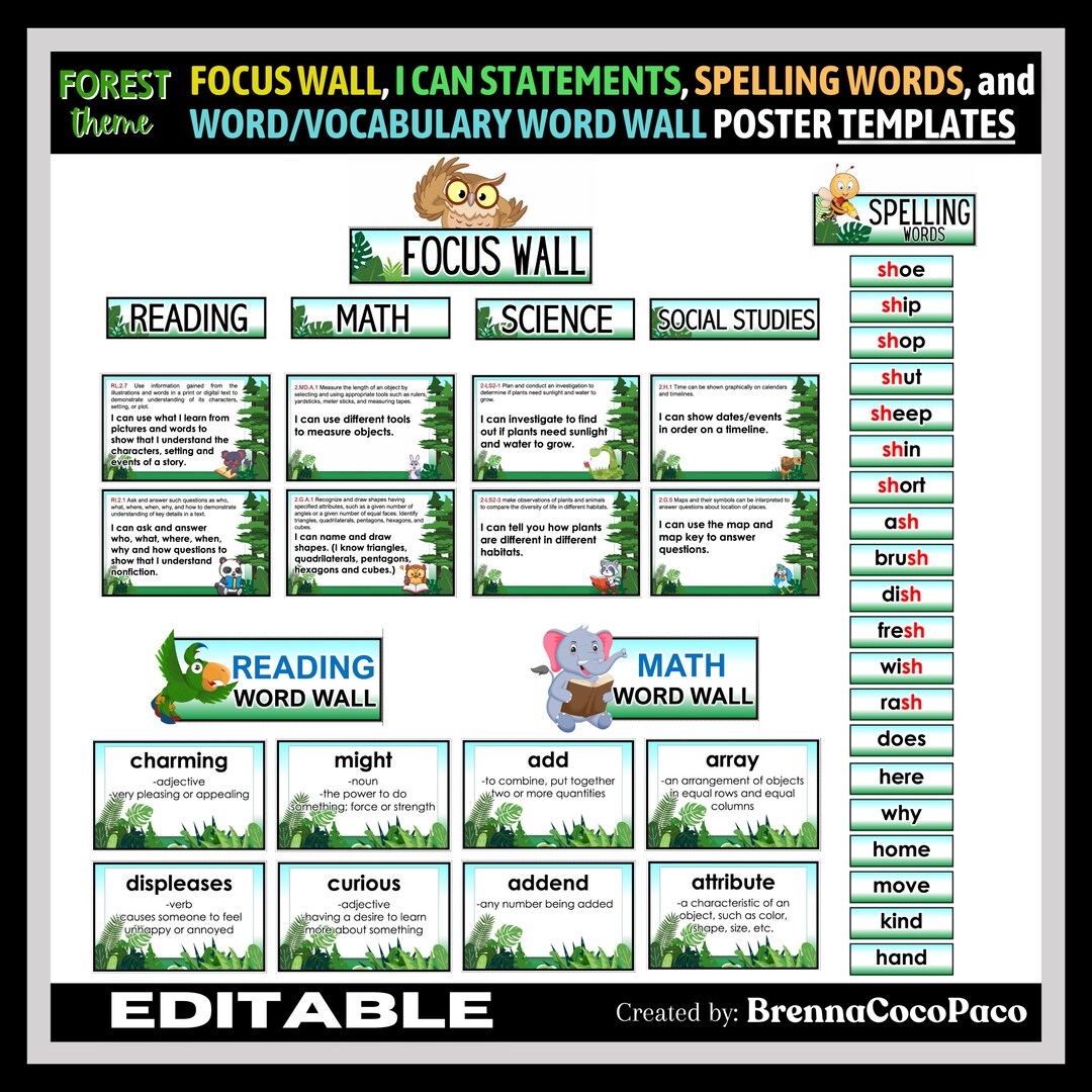 Forest Themed Focus Wall TEMPLATES: CCSS, I Can Statement, Spelling ...