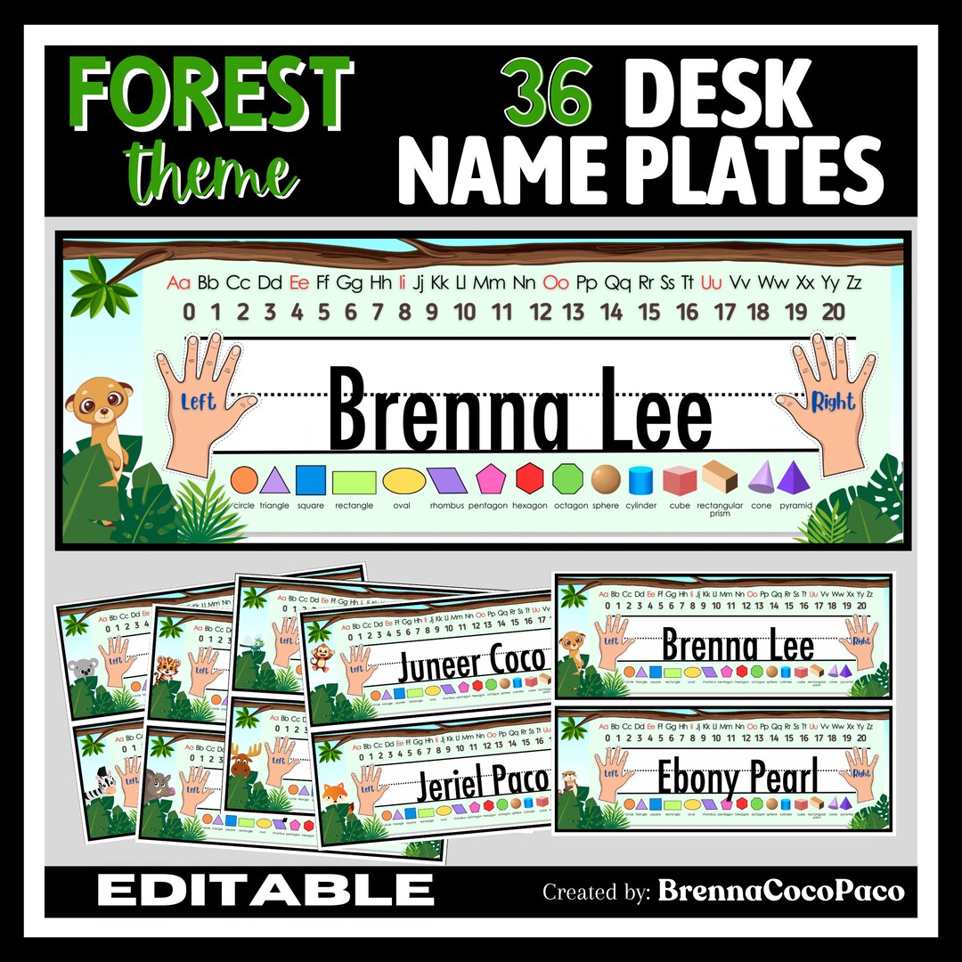 NEW Editable Forest Themed Desk Name Plates W/ Alphabet Letters, 2D ...