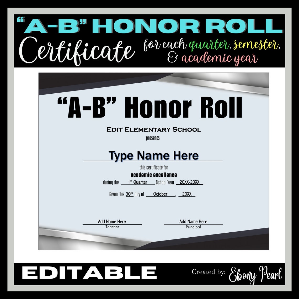 New! Editable "a-b" Honor Roll Certificate #1 | Each Quarter, Semester ...