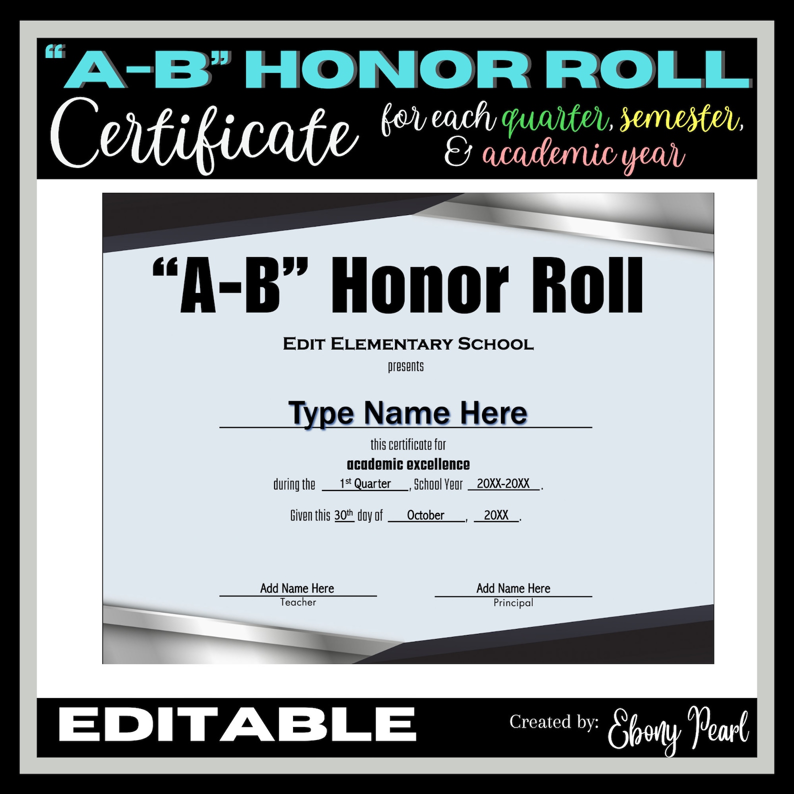 New! Editable "a-b" Honor Roll Certificate #1 | Each Quarter, Semester ...