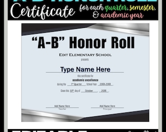 New! Editable "a" Honor Roll Certificate #1 | Each Quarter, Semester ...