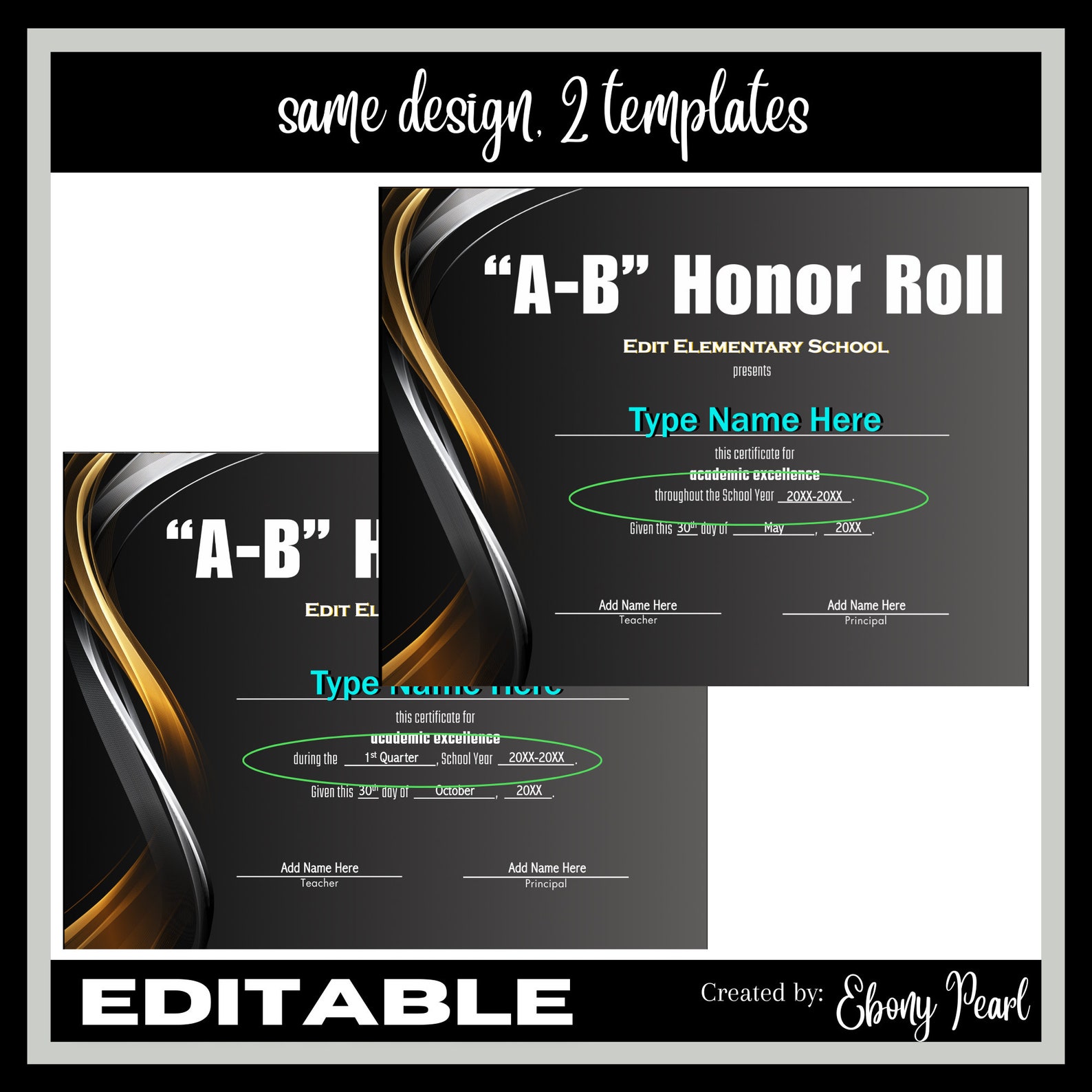 New! Editable "a-b" Honor Roll Certificate #2 | Each Quarter, Semester ...