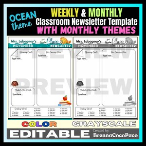 Ocean Theme Class Newsletter Template W/ Spelling Words & Student of ...