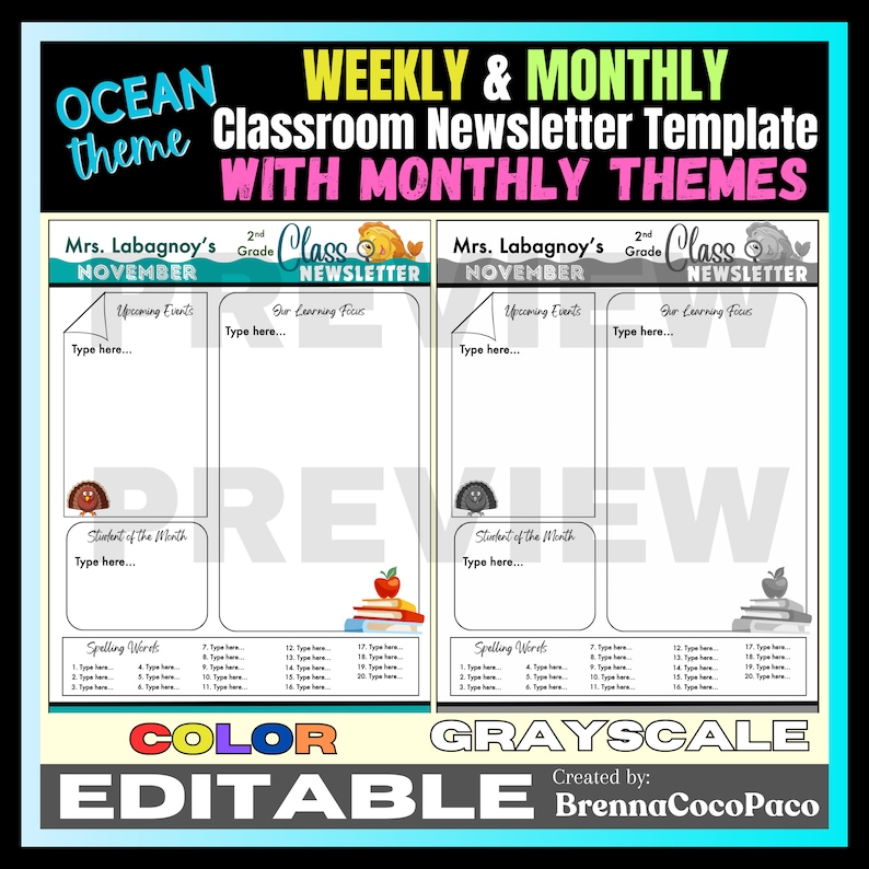 Ocean Theme Class Newsletter Template W/ Spelling Words & Student of ...