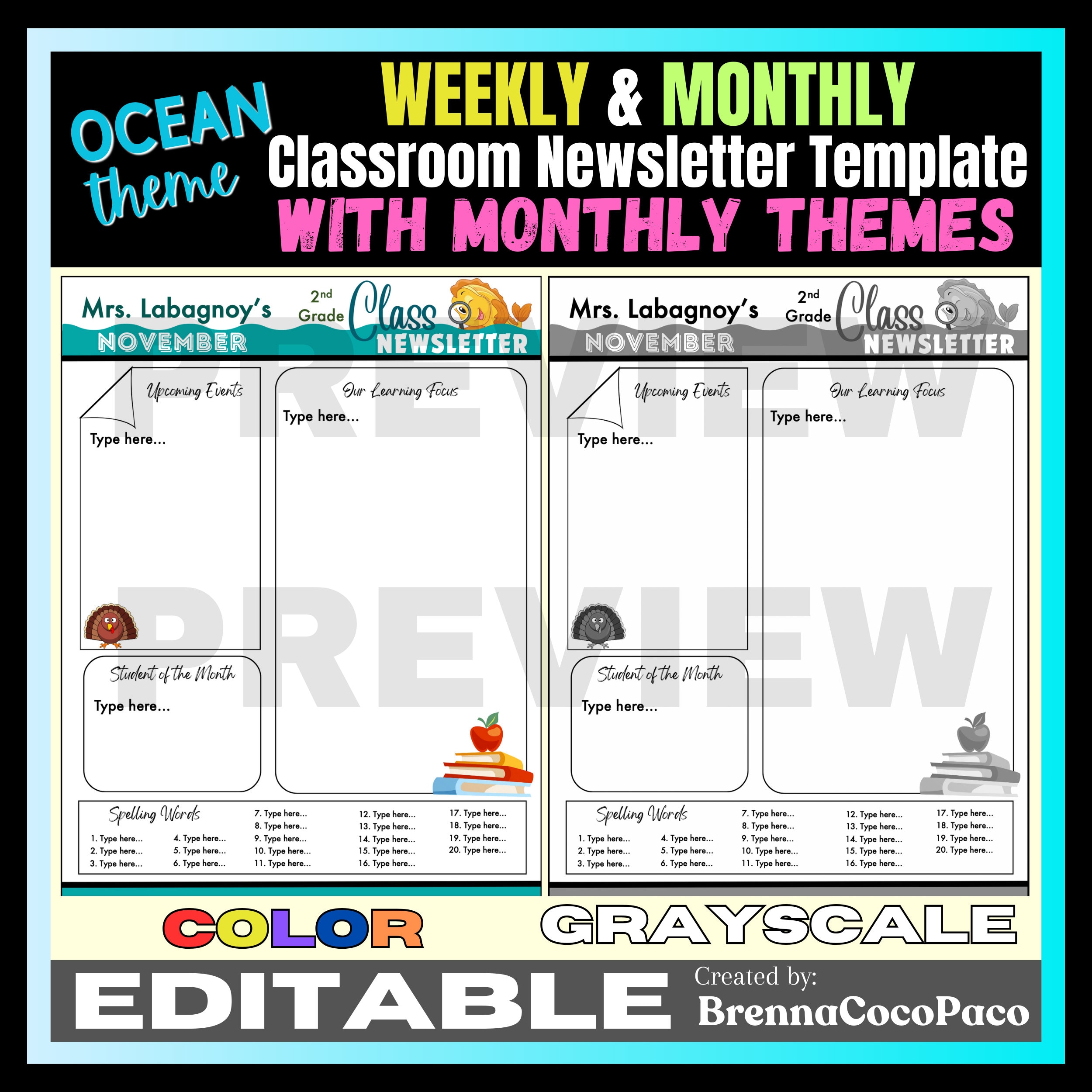 Ocean Theme Class Newsletter Template W/ Spelling Words & Student of ...