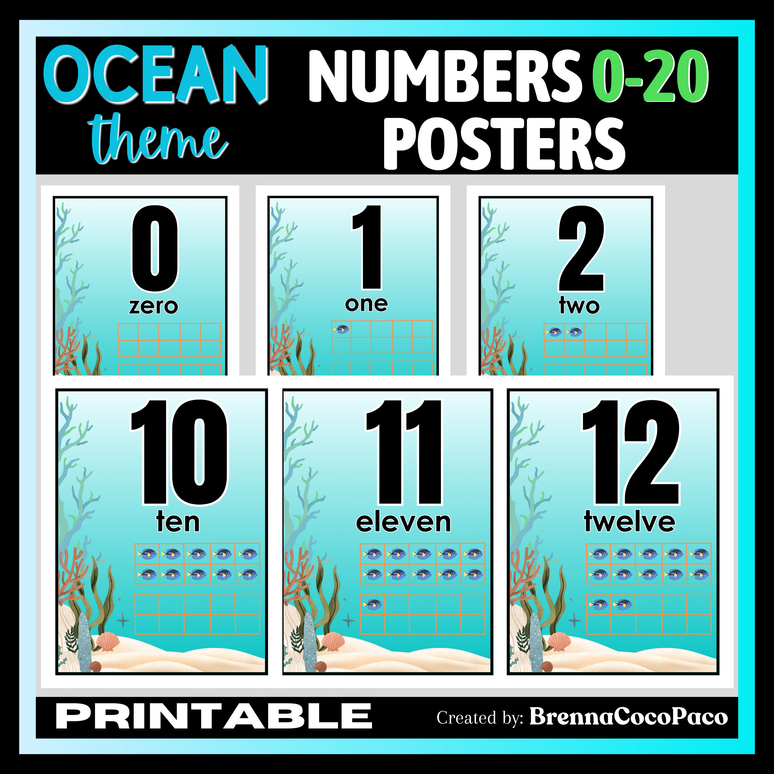 New Ocean Themed 0-20 Number Posters With Number Words and Tens Frames ...
