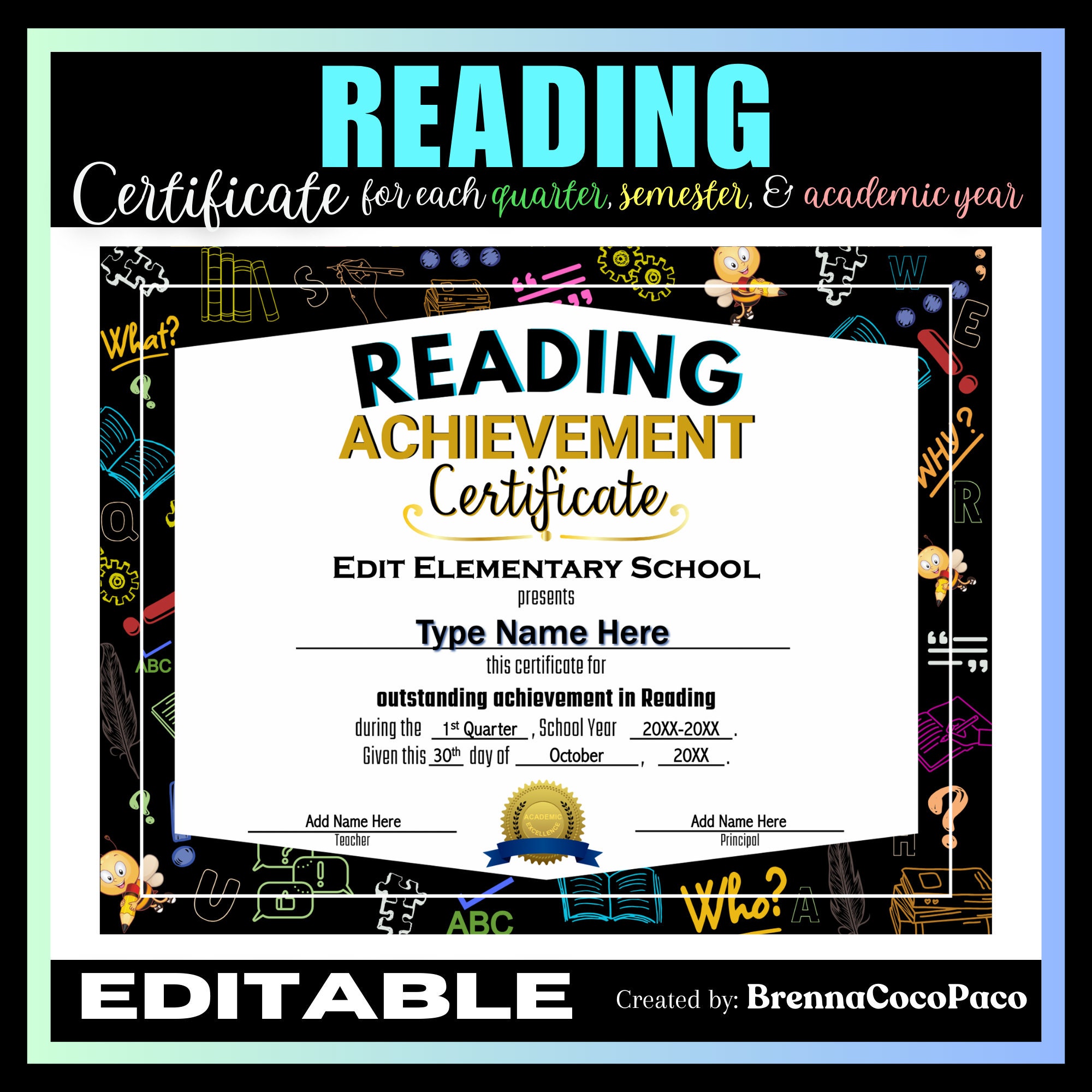New Editable Reading Achievement Certificate | Quarter, Semester ...