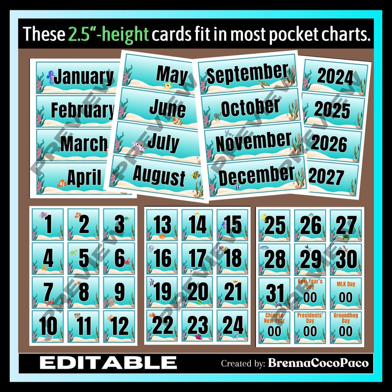 New Editable Ocean Themed Calendar Numbers for Entire Year Set | Pocket ...