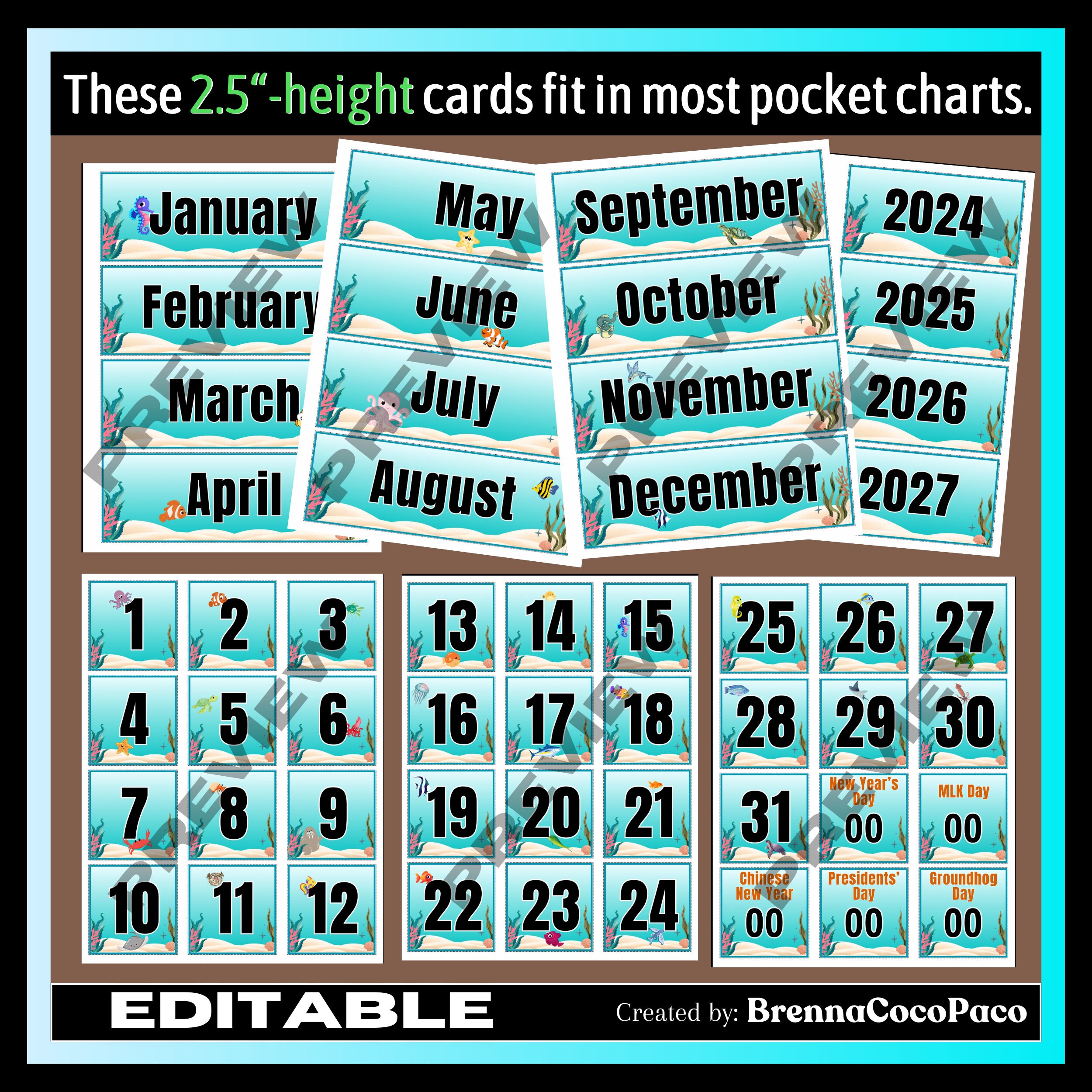 New Editable Ocean Themed Calendar Numbers for Entire Year Set | Pocket ...