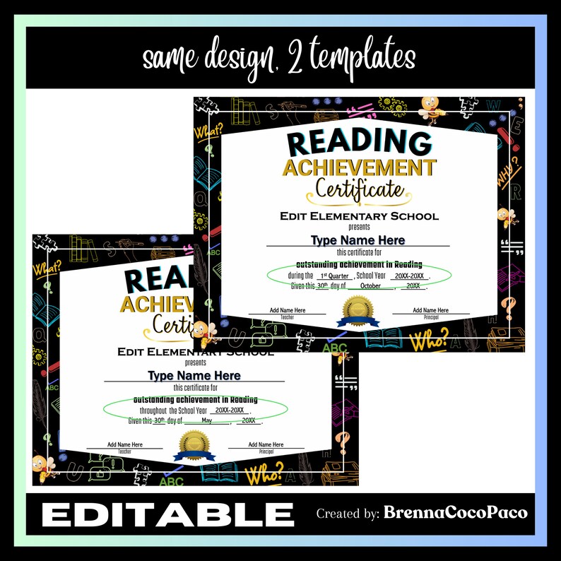 New Editable Reading Achievement Certificate | Quarter, Semester ...
