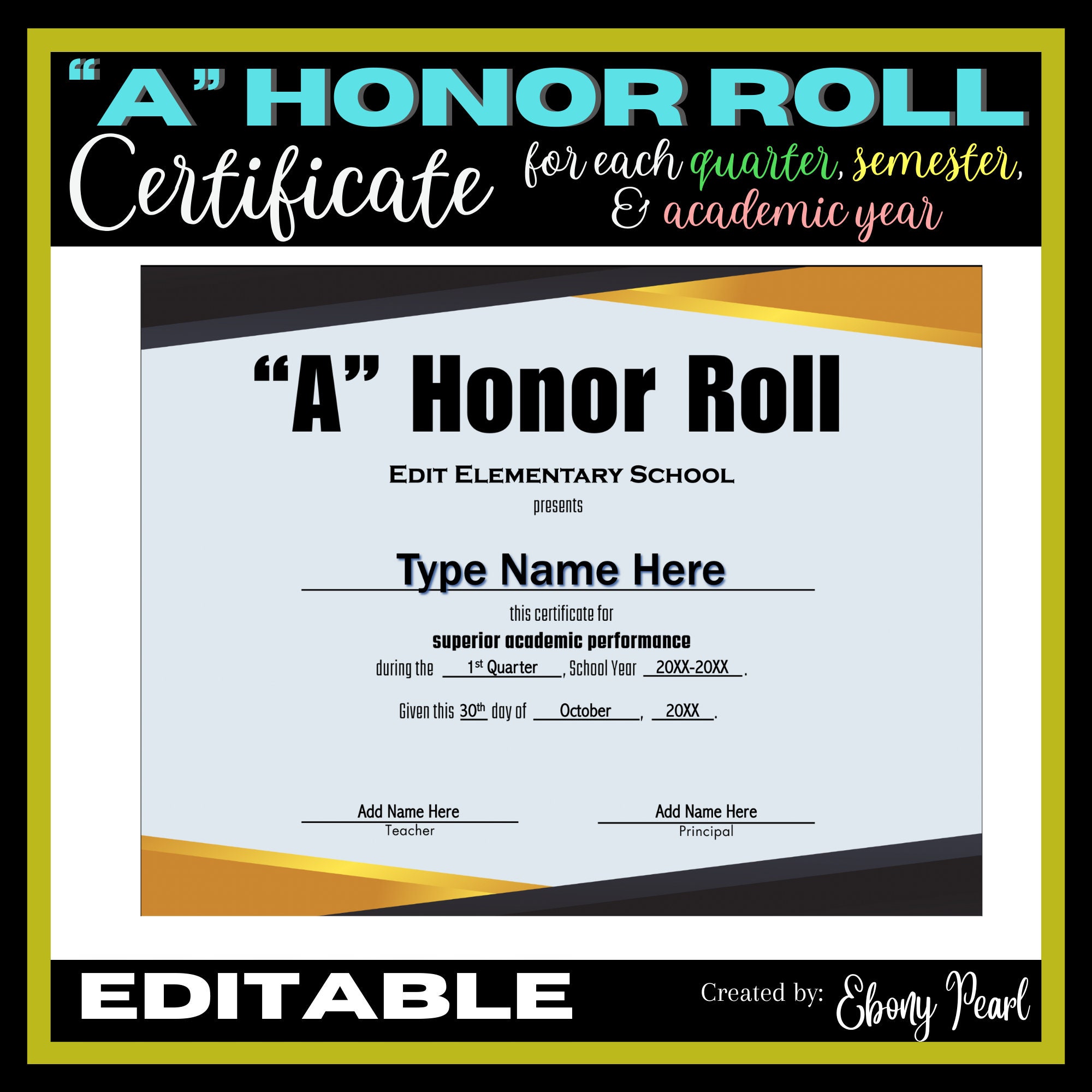 New! Editable "a" Honor Roll Certificate #1 | Each Quarter, Semester ...