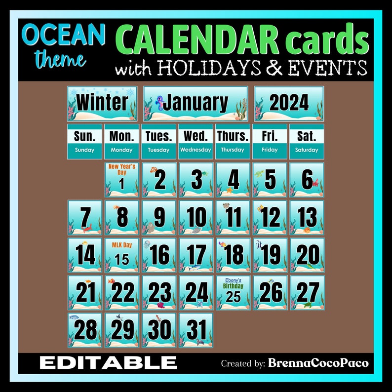 New Editable Ocean Themed Calendar Numbers for Entire Year Set | Pocket ...