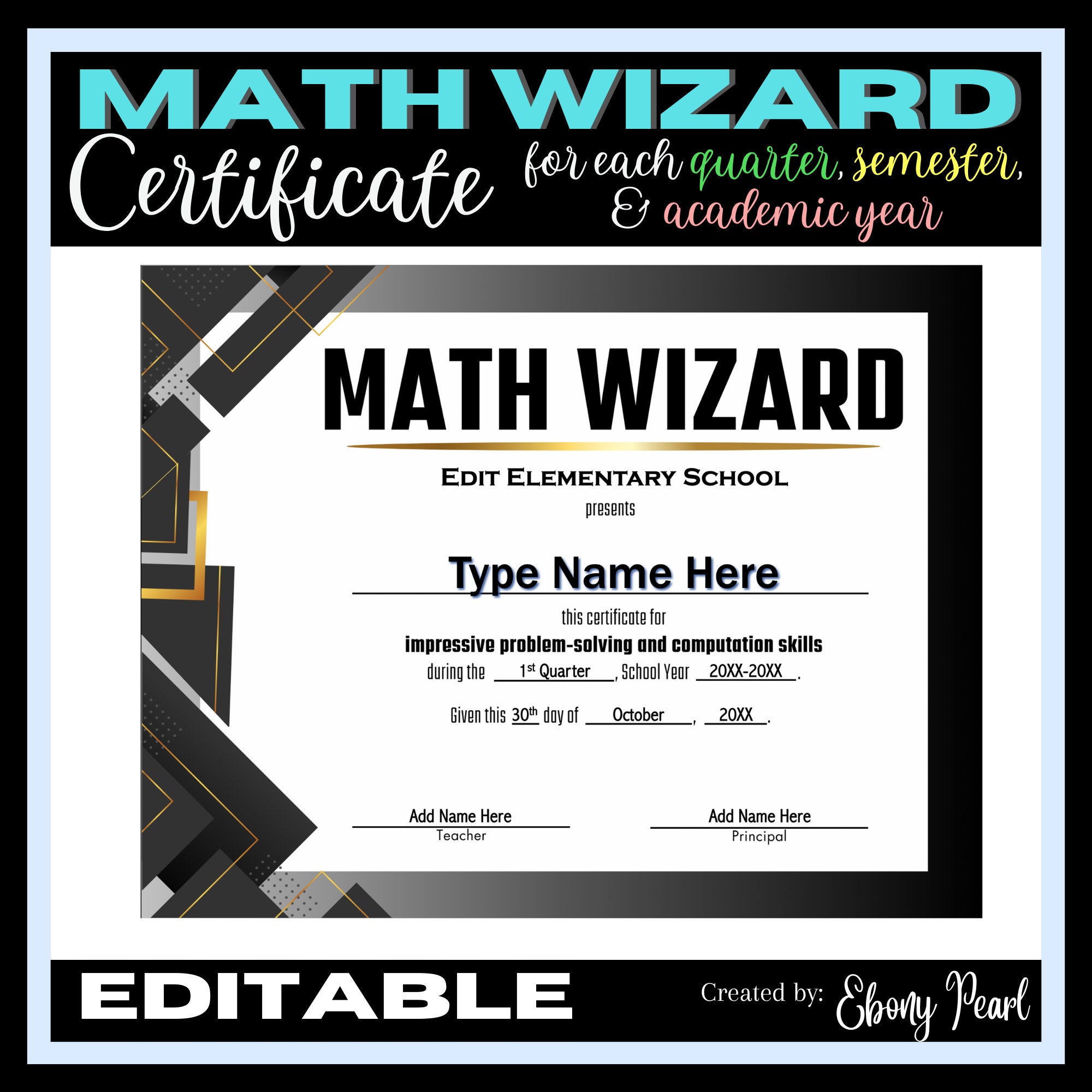 New! Editable Math Wizard Certificate for Each Quarter, Semester ...