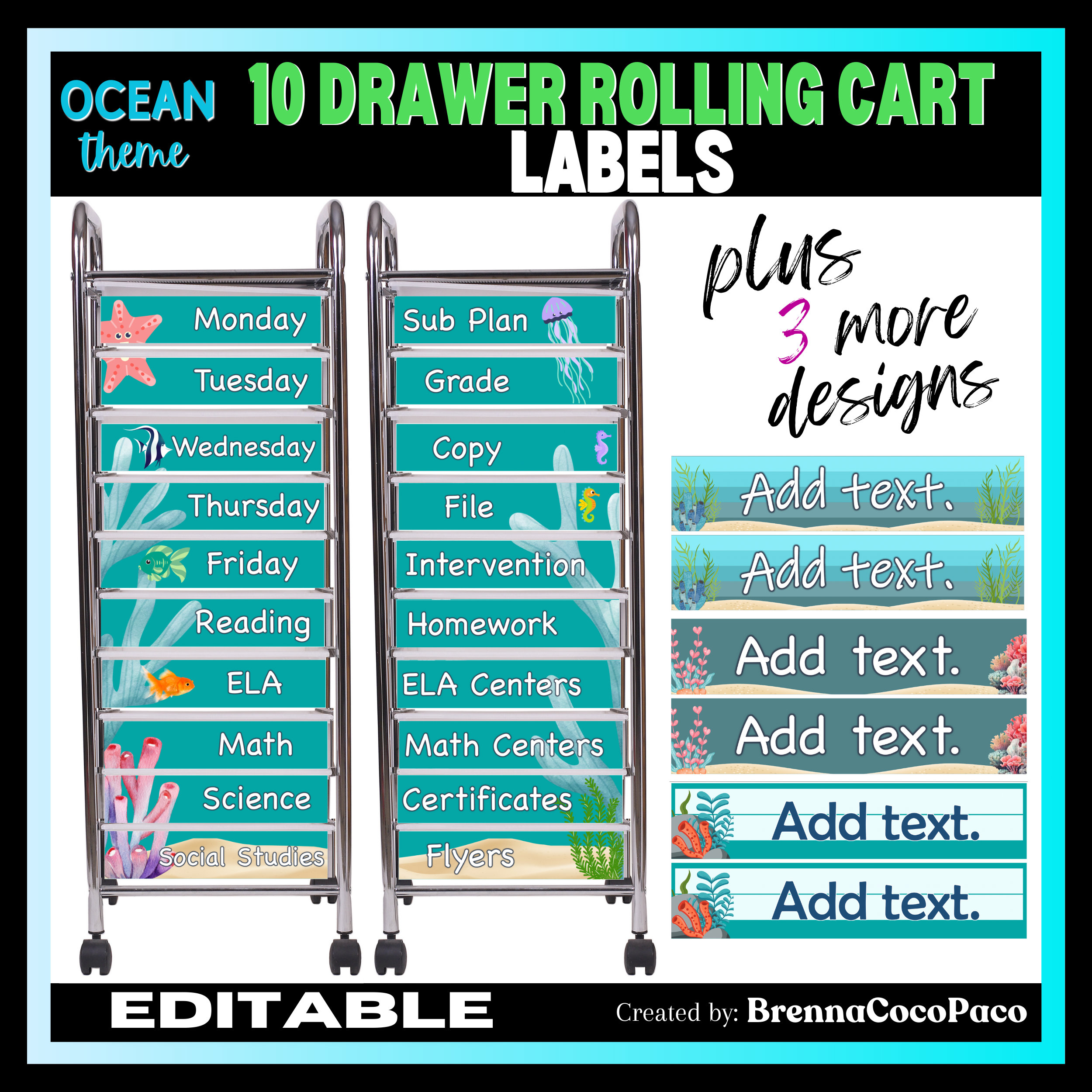 New Ocean Themed 10 Drawer Cart Labels | Print-ready and Editable ...
