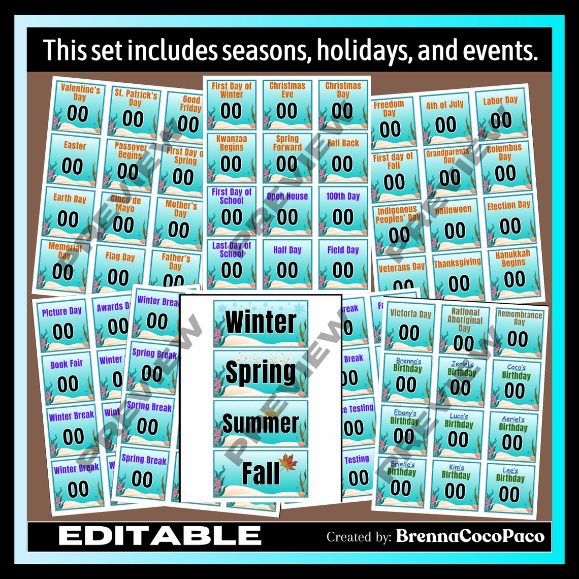 New Editable Ocean Themed Calendar Numbers for Entire Year Set | Pocket ...