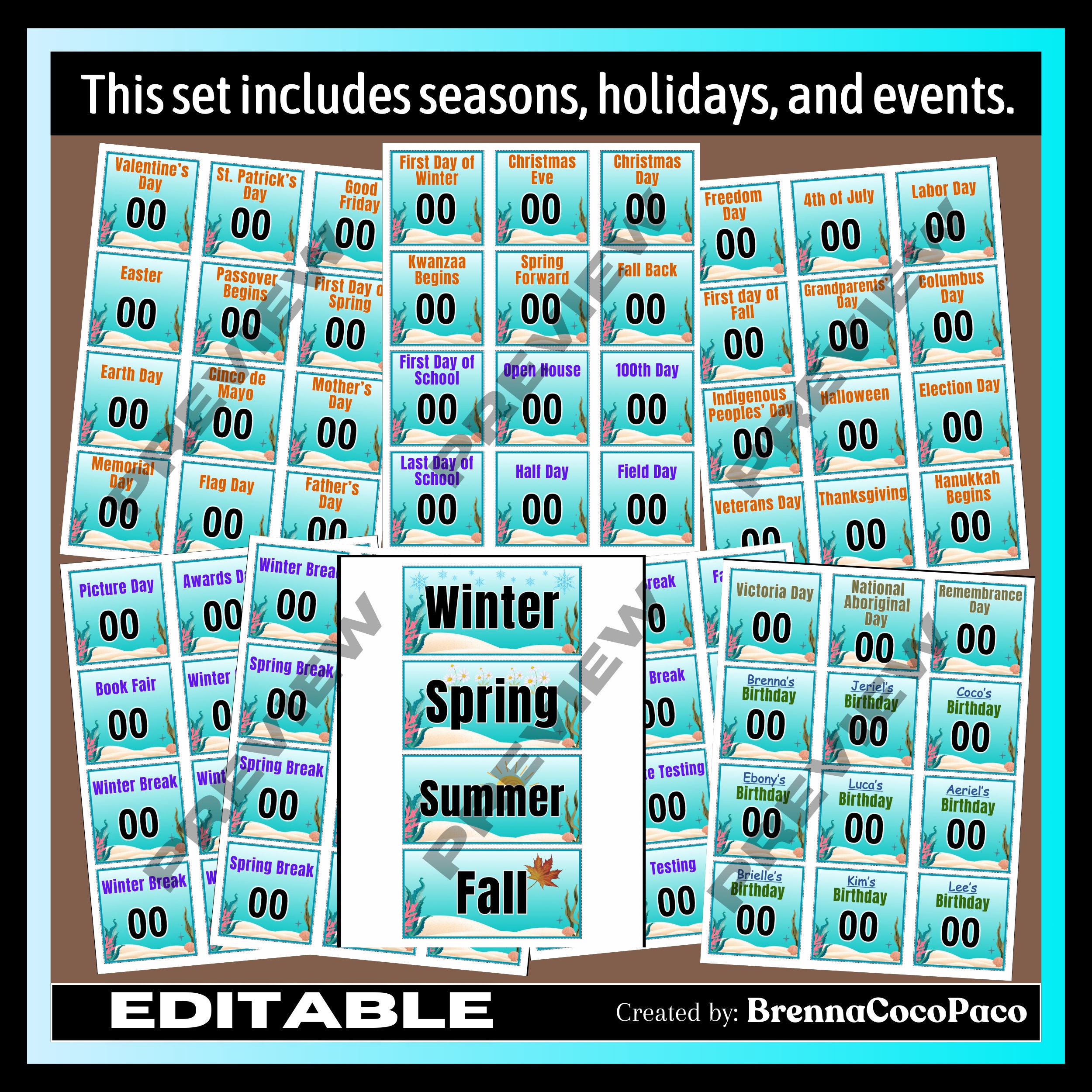 New Editable Ocean Themed Calendar Numbers for Entire Year Set | Pocket ...