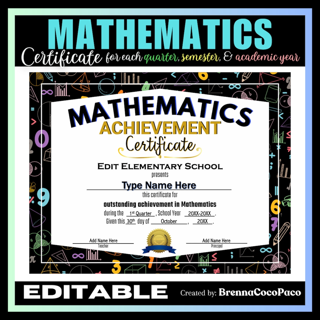 New Editable Mathematics Achievement Certificate | Math Certificate ...