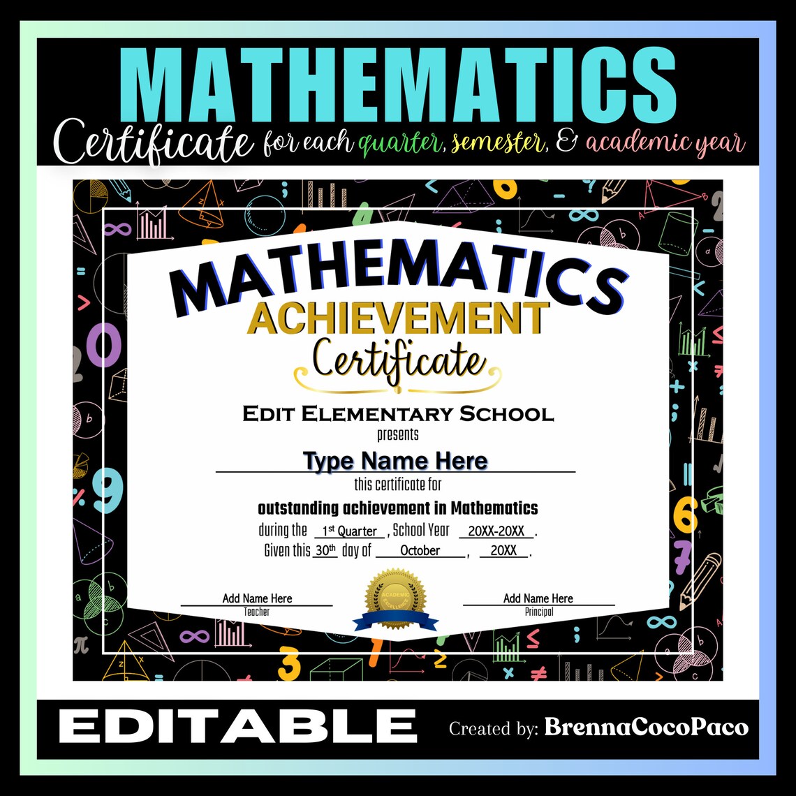 New Editable Mathematics Achievement Certificate | Math Certificate ...