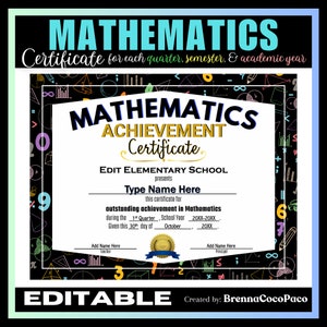 New Editable Mathematics Achievement Certificate | Math Certificate ...