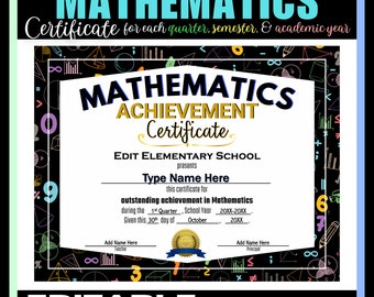 New Editable Mathematics Achievement Certificate | Math Certificate ...