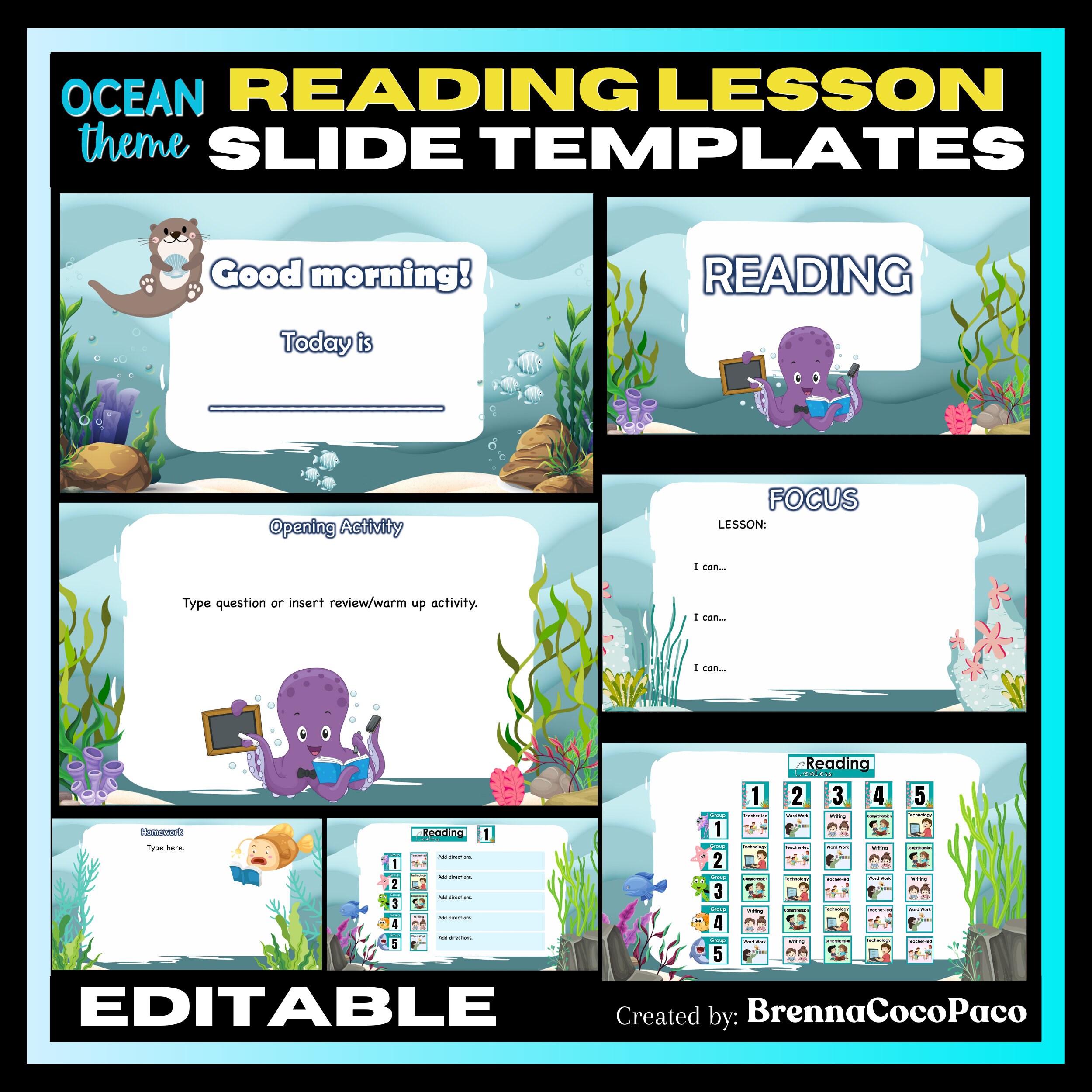 New Ocean Themed Reading ELA Lesson Slide Templates | Reading Class ...