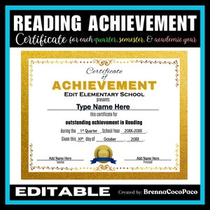 New Editable Reading Achievement Certificate | Quarter, Semester ...