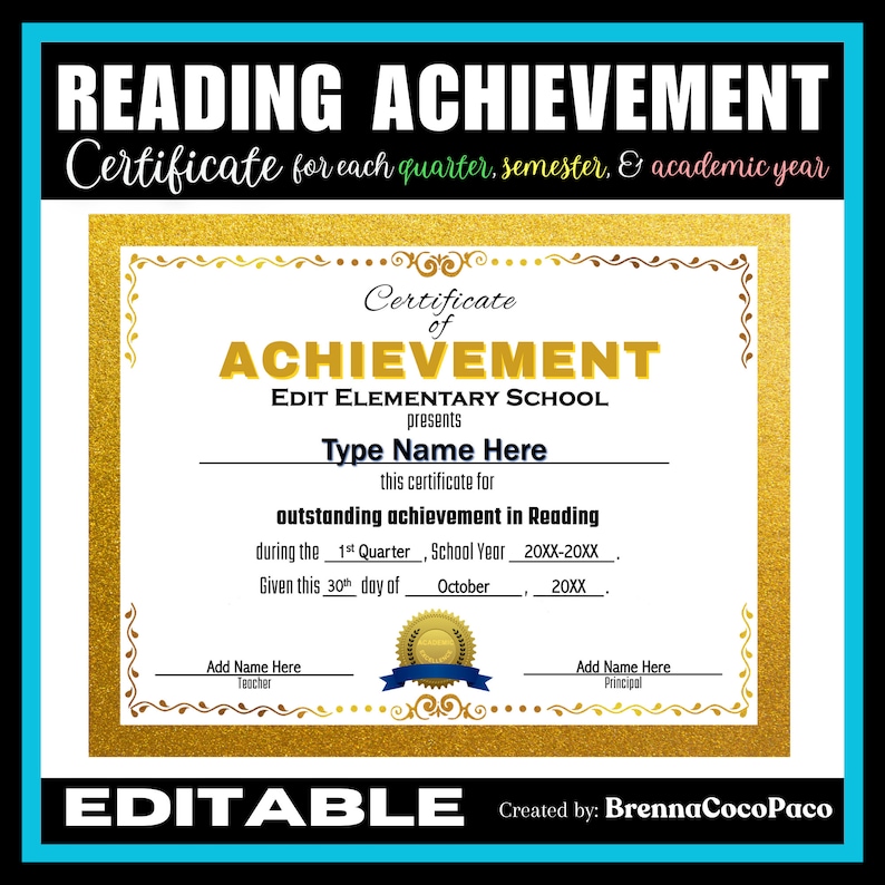New Editable Reading Achievement Certificate | Quarter, Semester ...