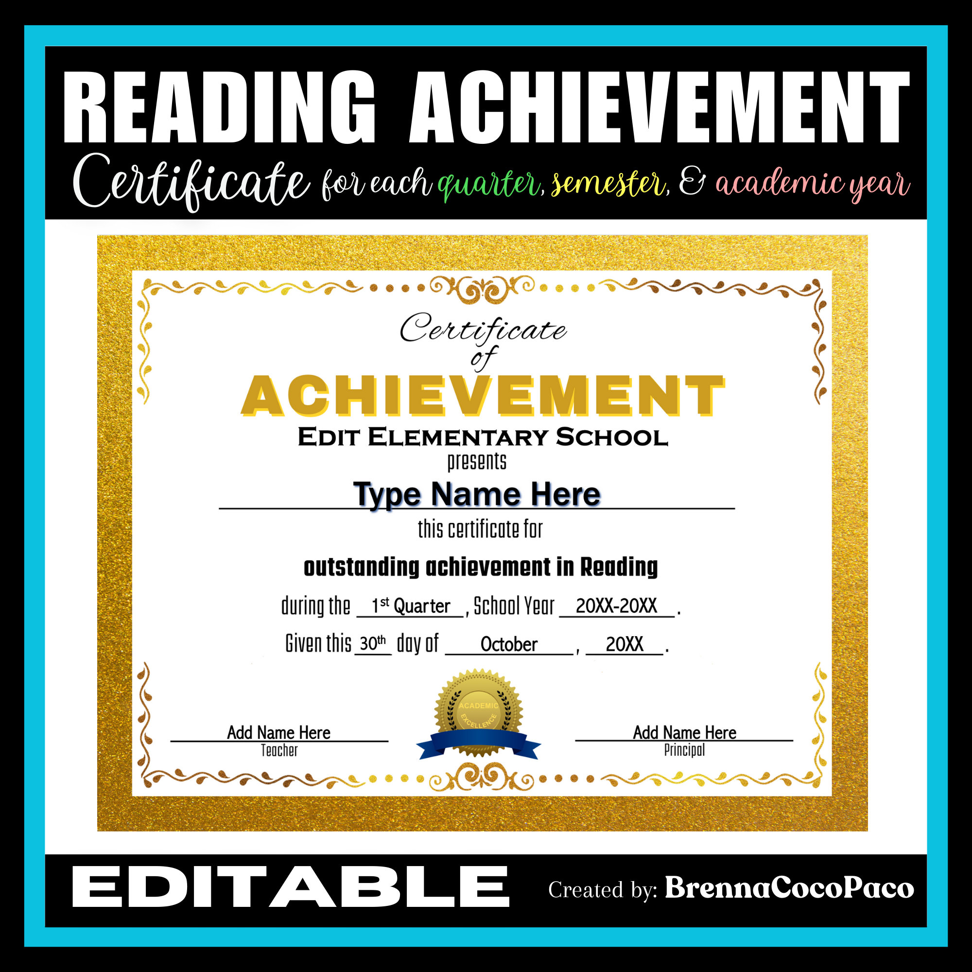 New Editable Reading Achievement Certificate | Quarter, Semester ...