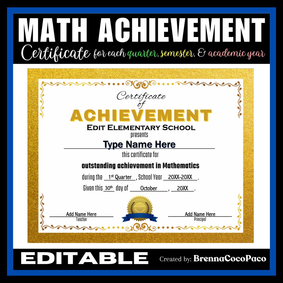 New Editable Mathematics Achievement Certificate | Math Certificate ...
