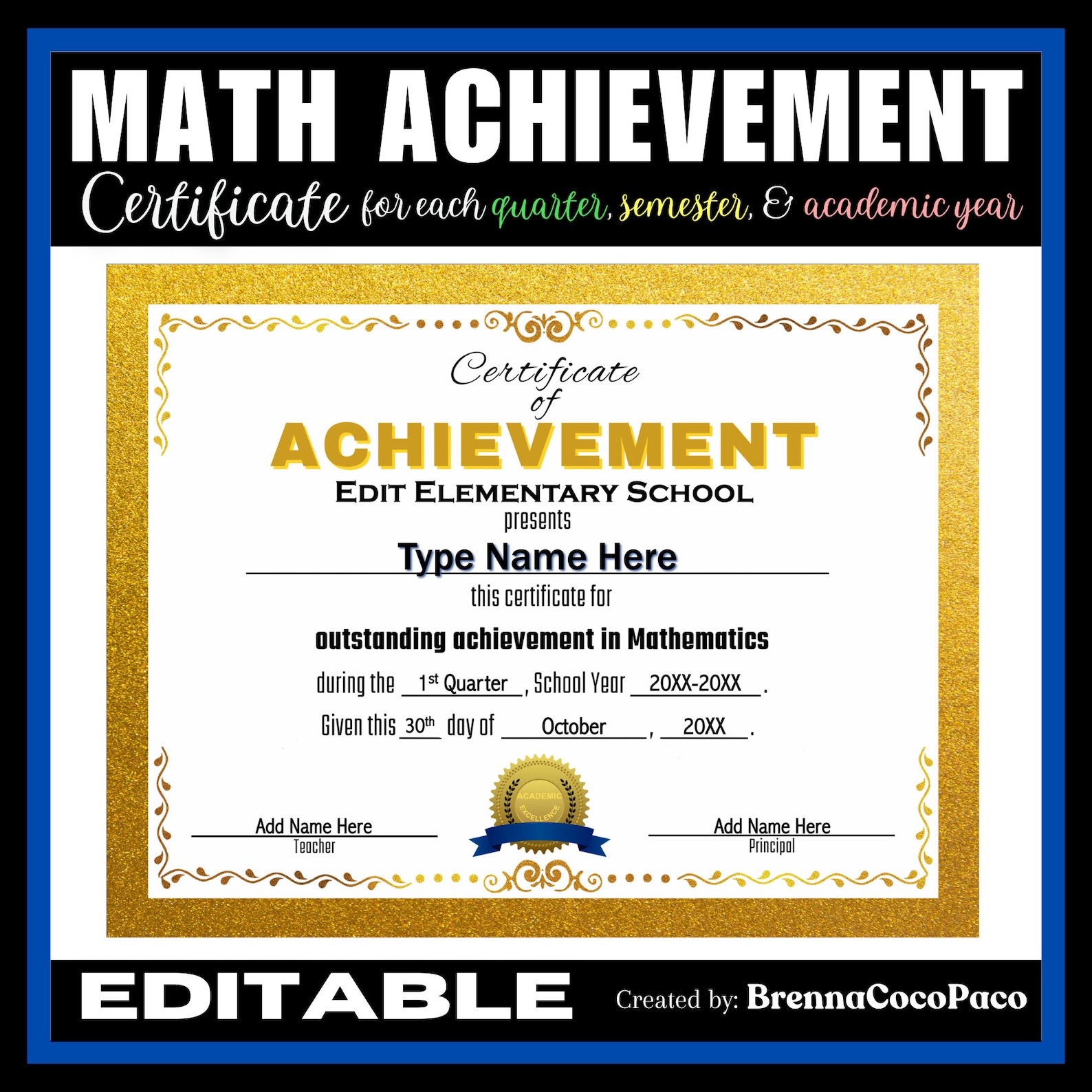 New Editable Mathematics Achievement Certificate | Math Certificate ...