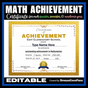 New Editable Mathematics Achievement Certificate | Math Certificate ...