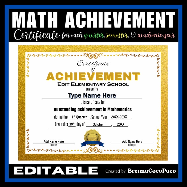New Editable Mathematics Achievement Certificate | Math Certificate ...