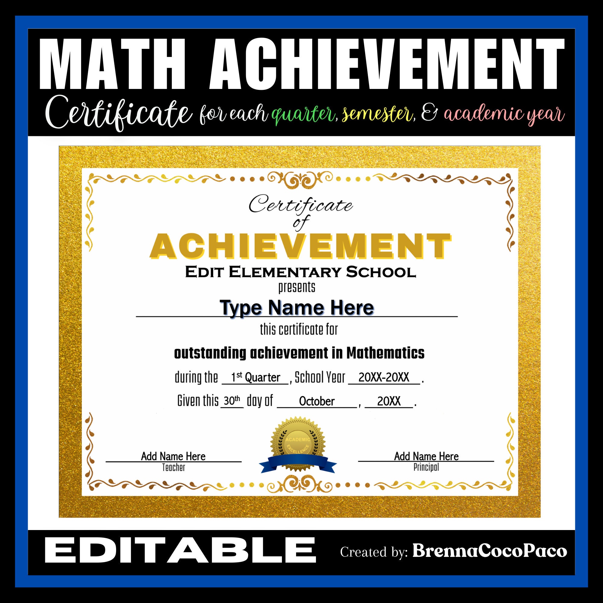 New Editable Mathematics Achievement Certificate | Math Certificate ...