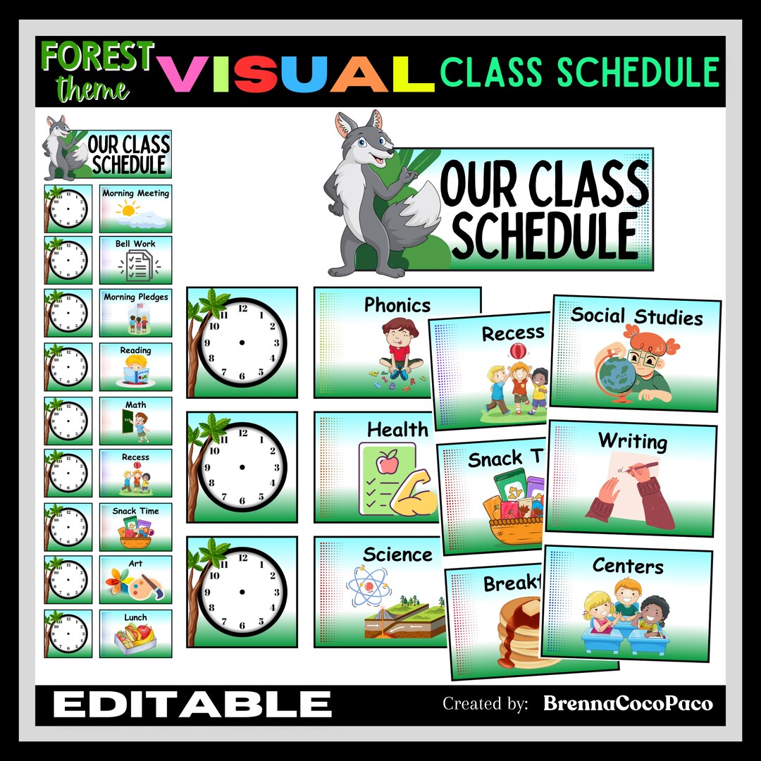 New! Editable Jungle or Forest Theme Visual Class Schedule | Analog ...
