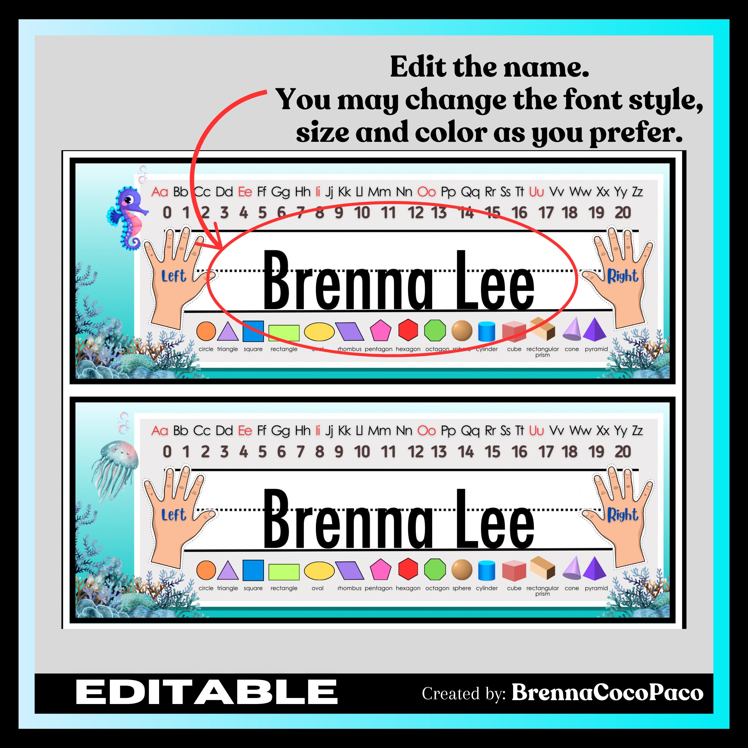 NEW Editable Ocean Themed Desk Name Plates With Alphabet Letters, 2D ...