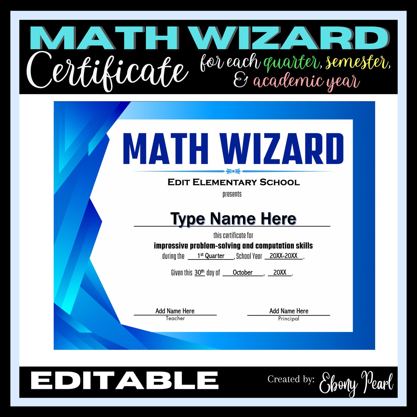 New! Editable Math Wizard Certificate #2 | Each Quarter, Semester ...
