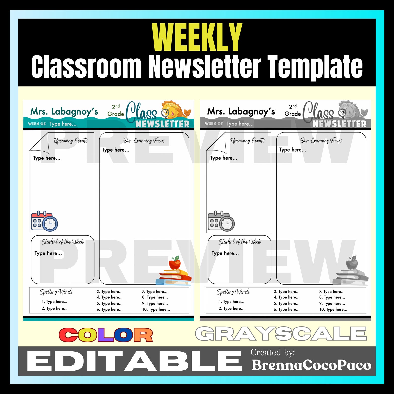 Ocean Theme Class Newsletter Template W/ Spelling Words & Student of ...