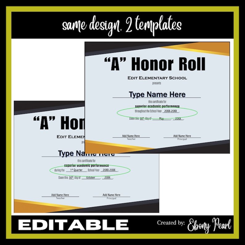New! Editable "a" Honor Roll Certificate #1 | Each Quarter, Semester ...