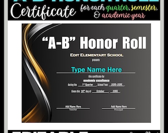 New! Editable "a-b" Honor Roll Certificate #1 | Each Quarter, Semester ...