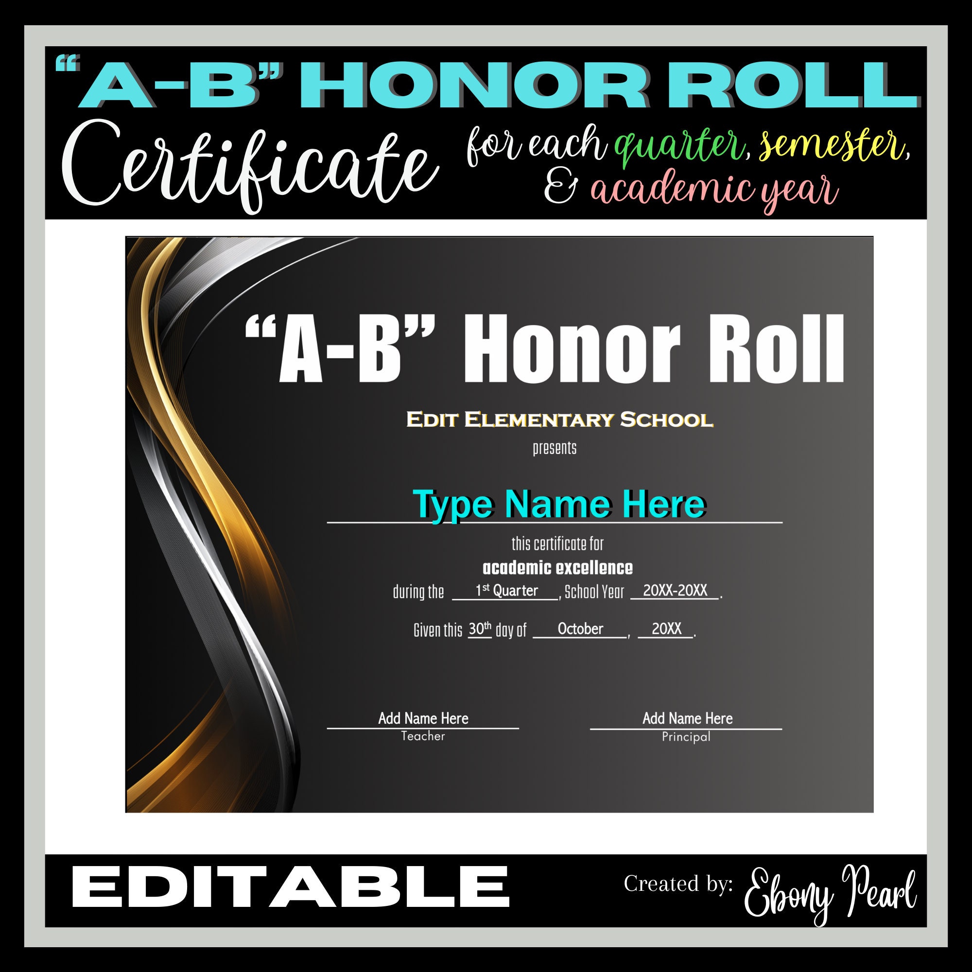 New! Editable "a-b" Honor Roll Certificate #2 | Each Quarter, Semester ...