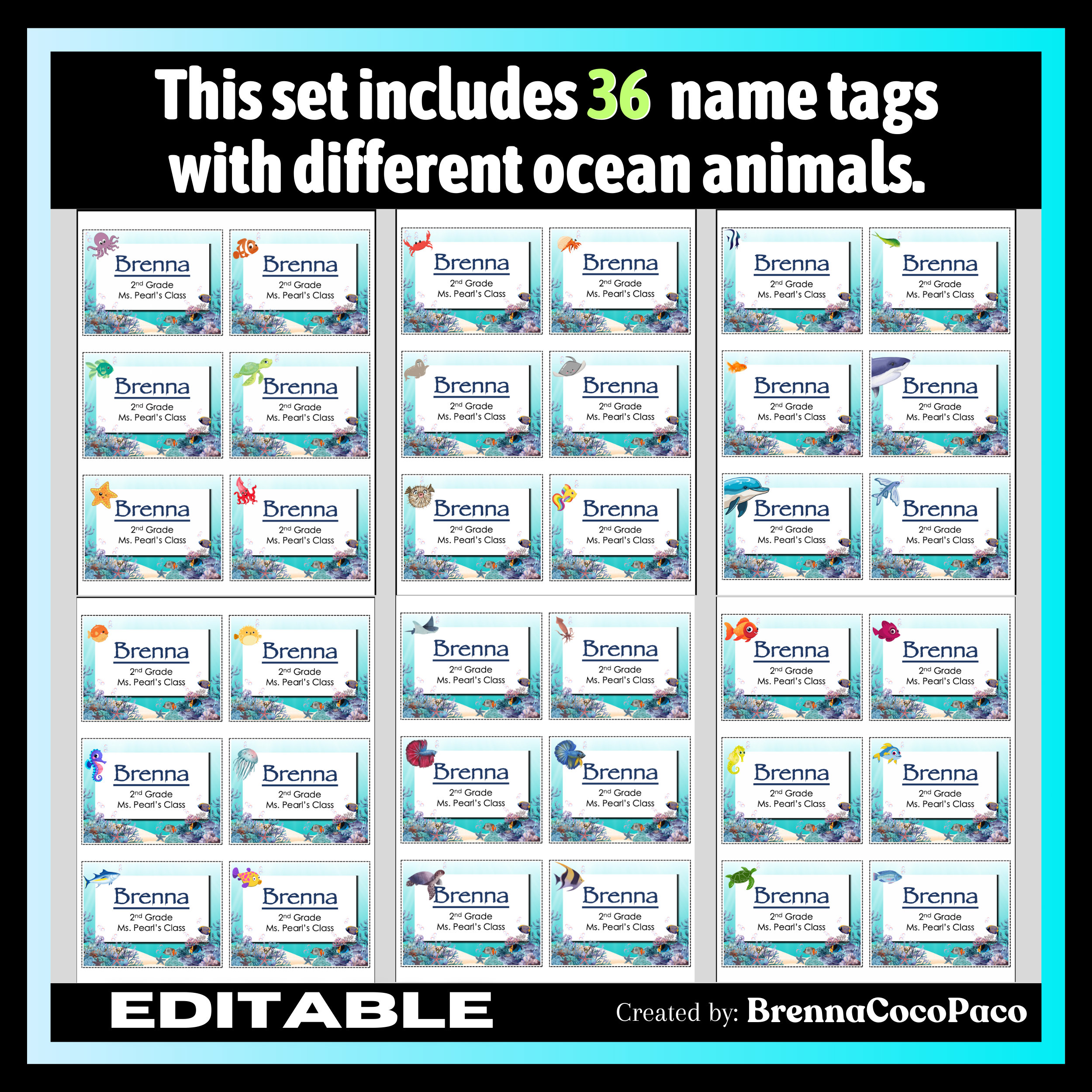 NEW Editable Ocean Themed Student Name Tags - Under the Sea 2.25" X 3.5 ...