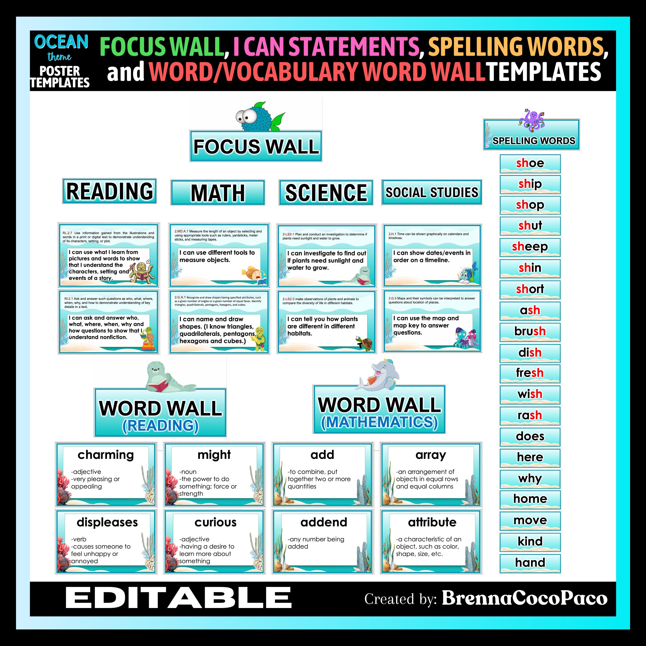 Ocean Themed Focus Wall TEMPLATES: CCSS, I Can Statement, Spelling ...