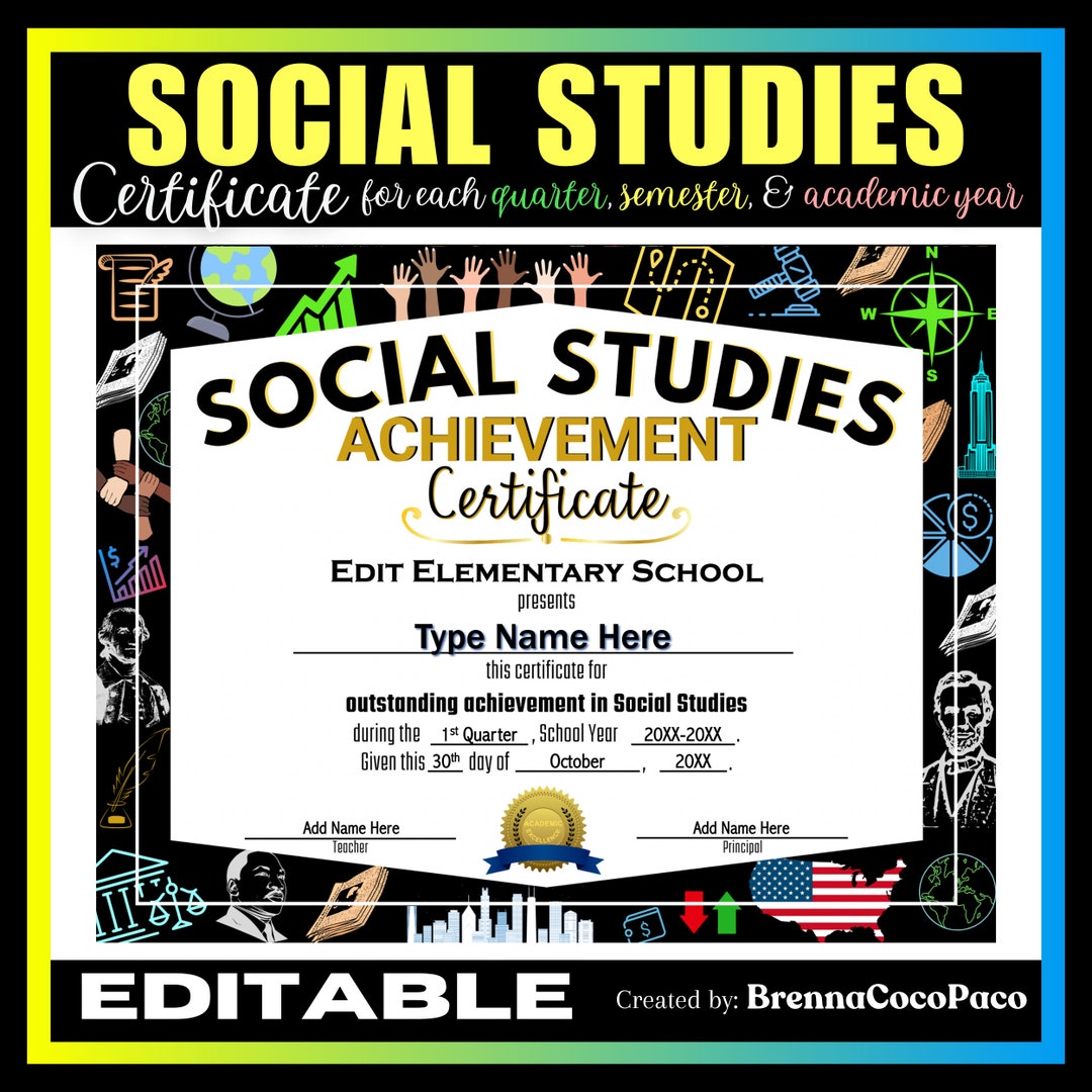 New Editable Social Studies Achievement Certificate | Math Certificate ...