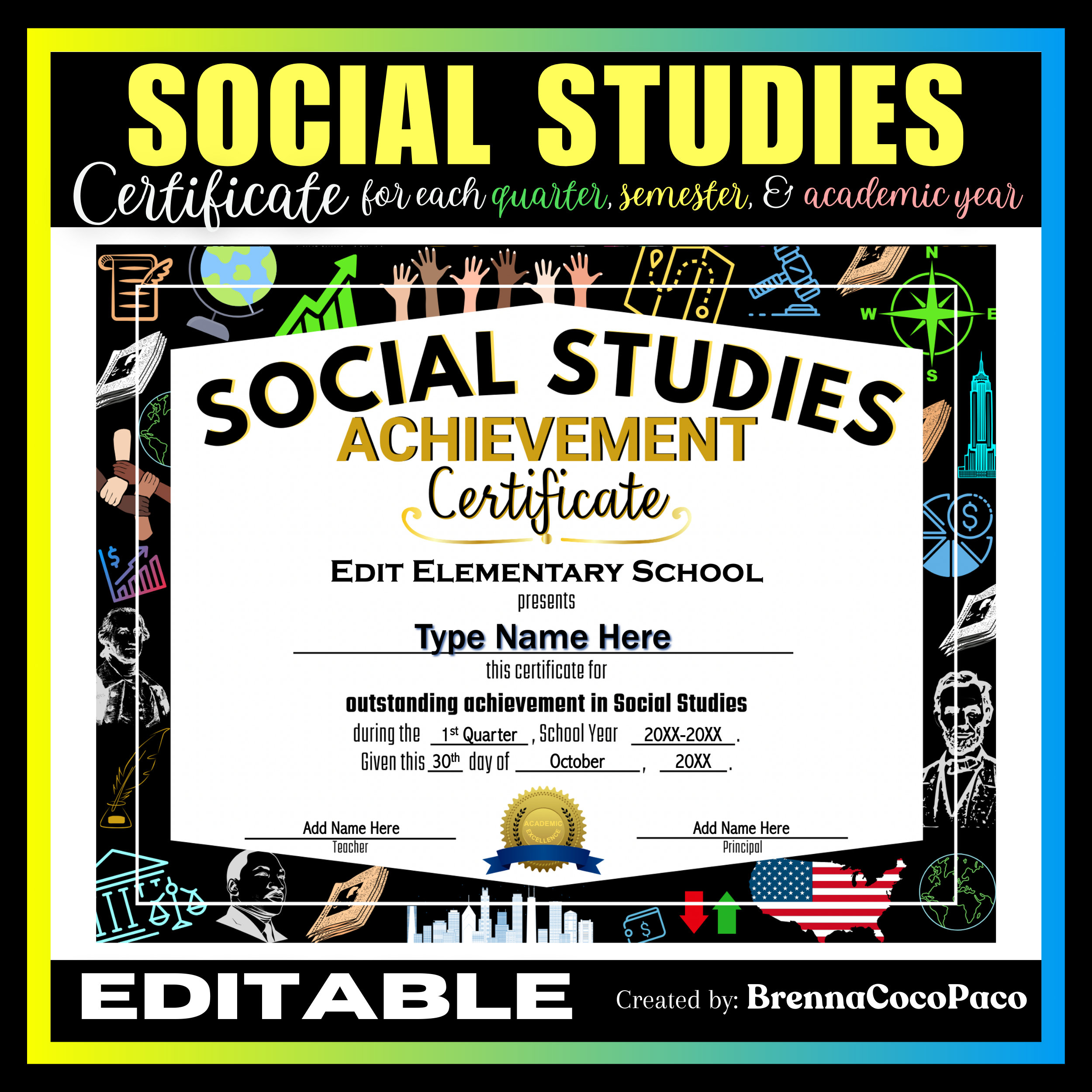 New Editable Social Studies Achievement Certificate | Math Certificate ...