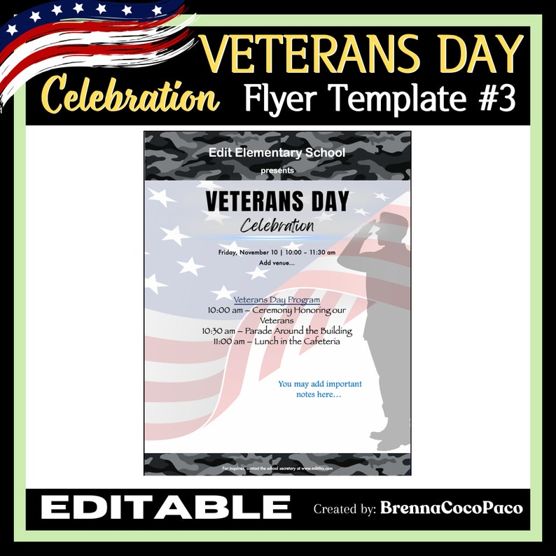 New Editable Veterans Day Celebration Flyer Template #3| Unique School ...