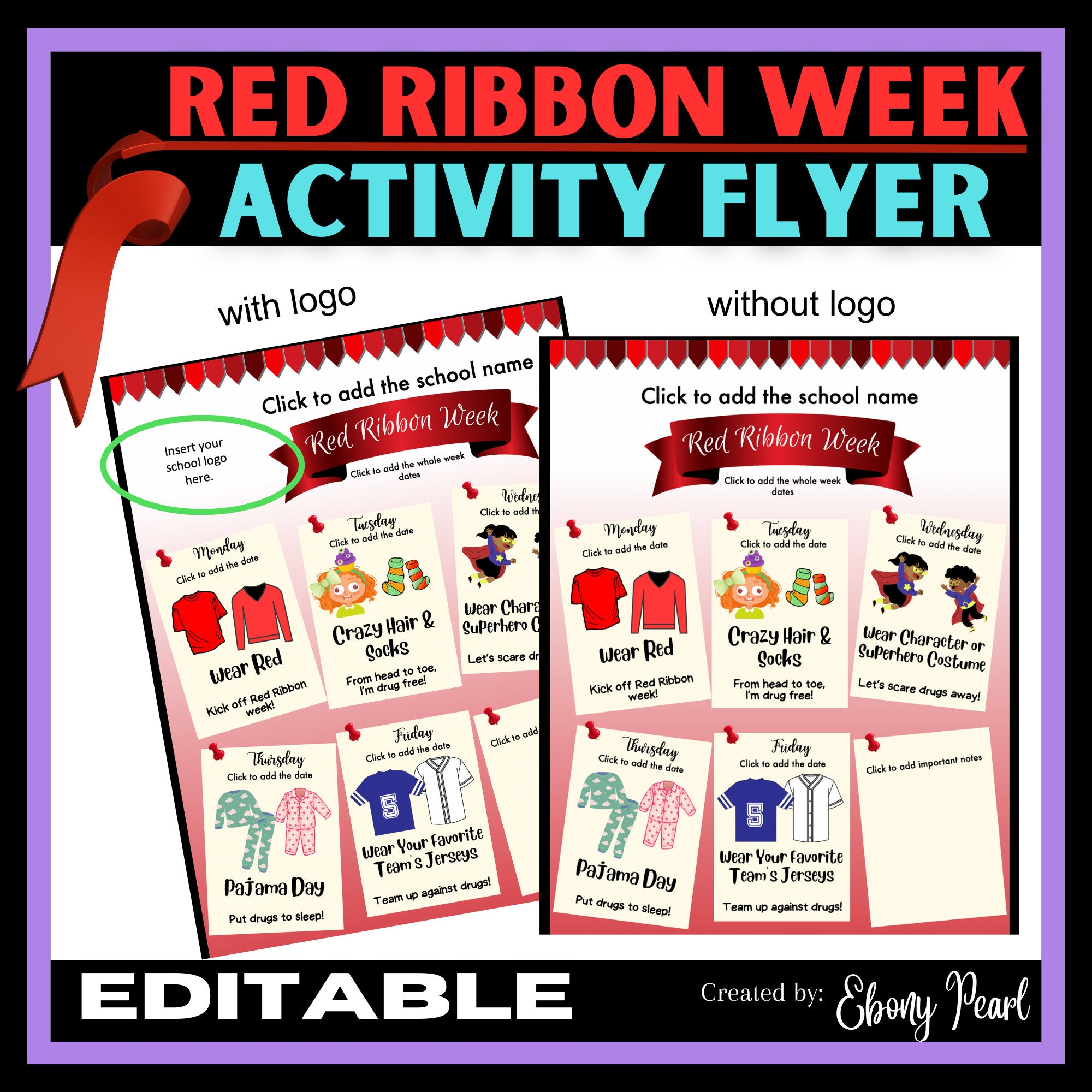 New Editable Red Ribbon Week Flyer School Wide Spirit Week Flyer 1 - Etsy