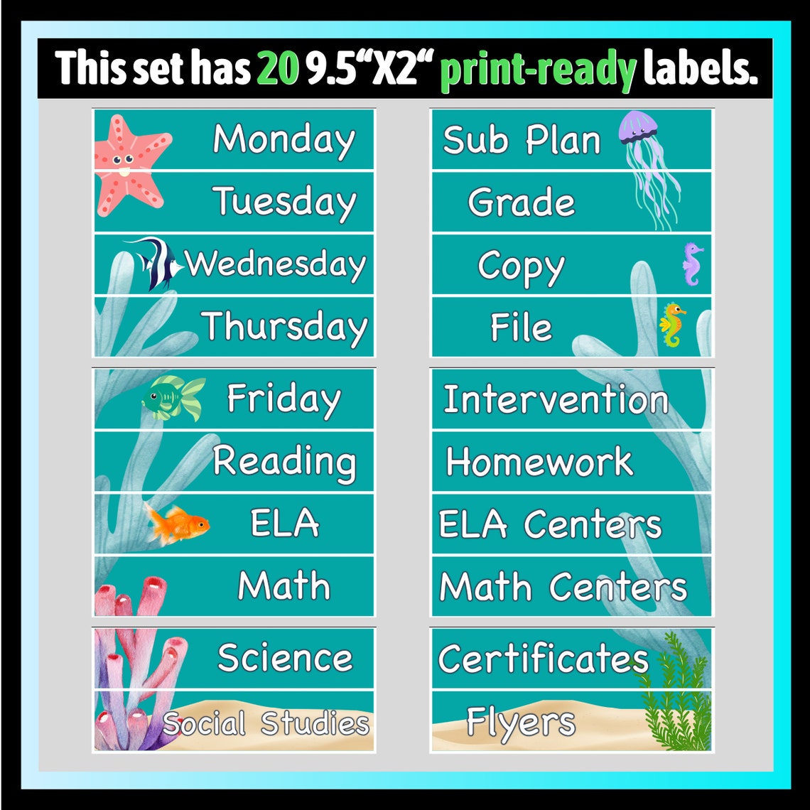 New Ocean Themed 10 Drawer Cart Labels | Print-ready and Editable ...